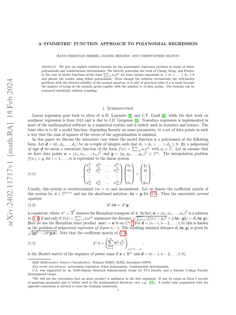 A Symmetric Function Approach To Polynomial Regression - Hans-Christian Herbig, Daniel Herden ...
