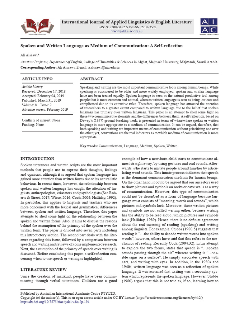 20240318132323805F8E50008565 Spoken and Written Language As Medium of ...