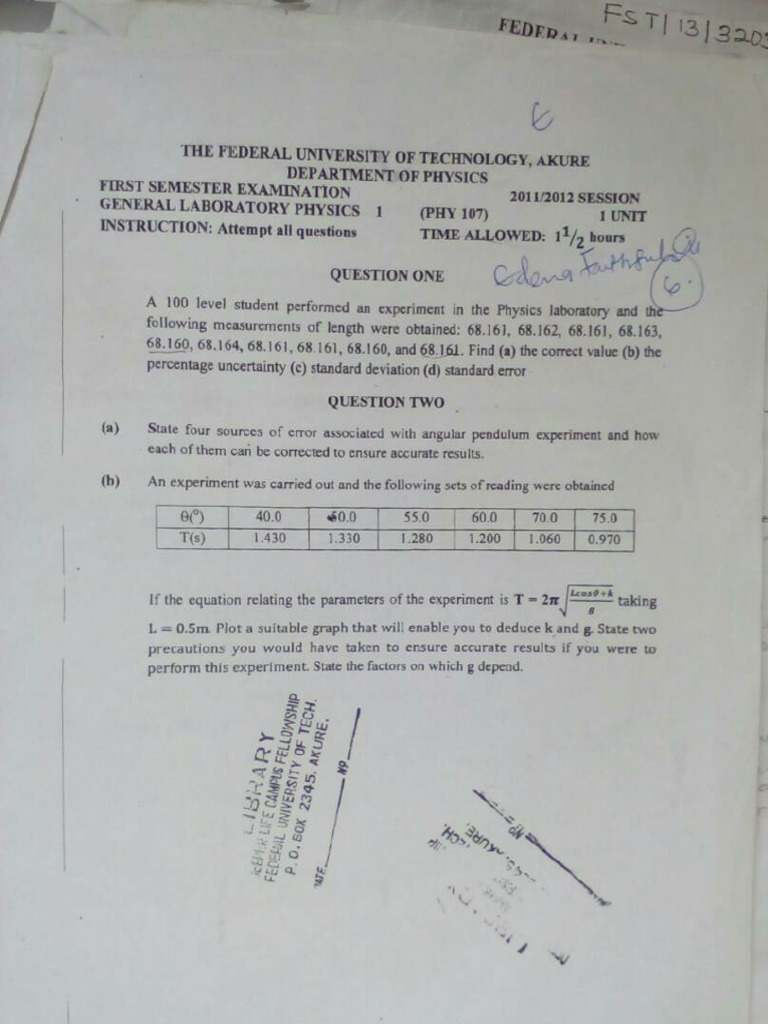 Phy 107 Past Question | PDF