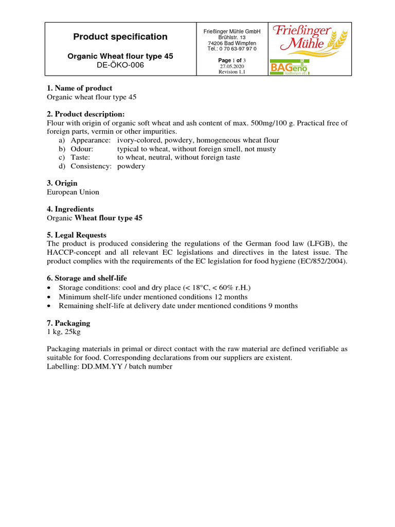 Organic Wheat Flour Type 45 Specification | PDF | Flour | Wheat
