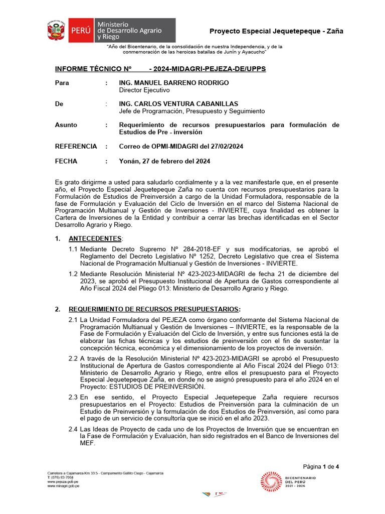 Informe 001-2024-EPI - Requerimiento Presupuesto 2024 ESTUDIOS PEJEZAcvc | PDF | Presupuesto | Riego