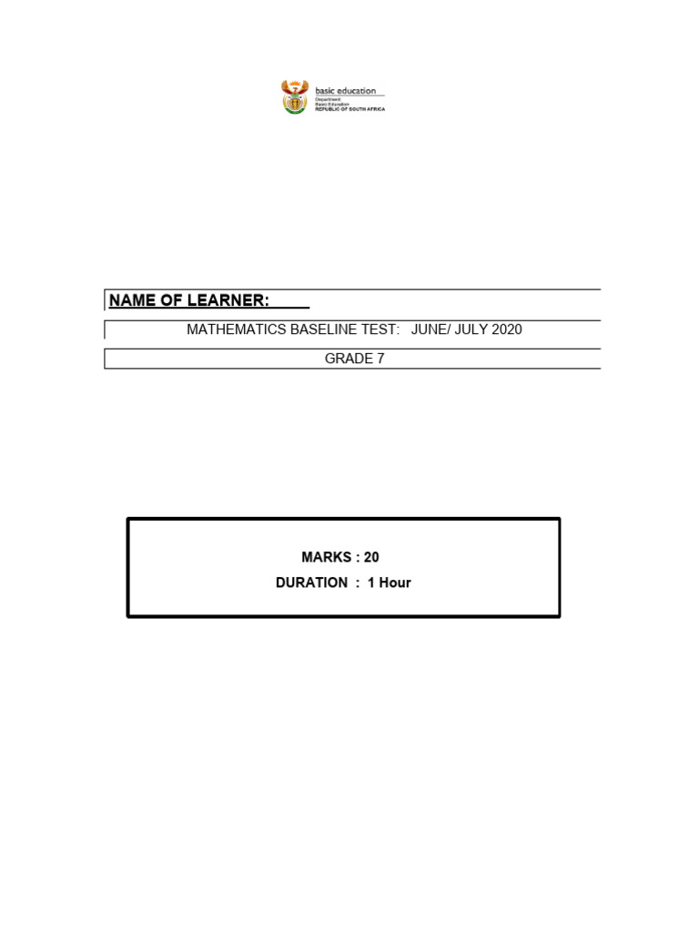 Grade 7 Maths Baseline Test 2020 | PDF | Area | Length