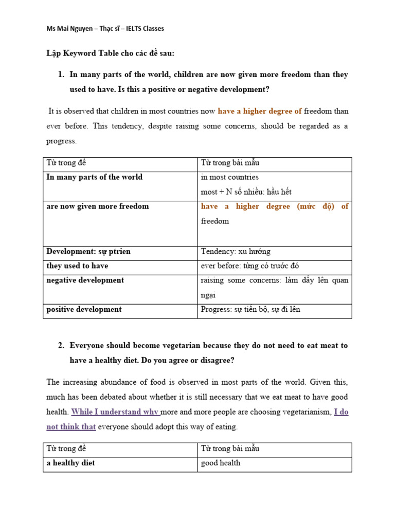Lập Keyword Table cho các đề sau | PDF