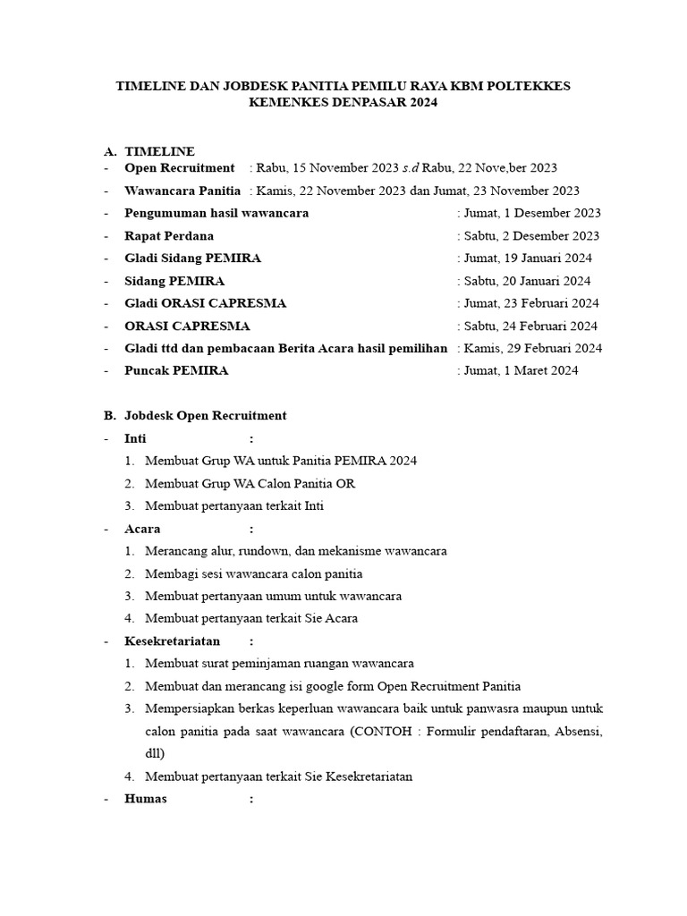 Timeline Pemilu Raya KBM Poltekkes Kemenkes Denpasar 2024 | PDF