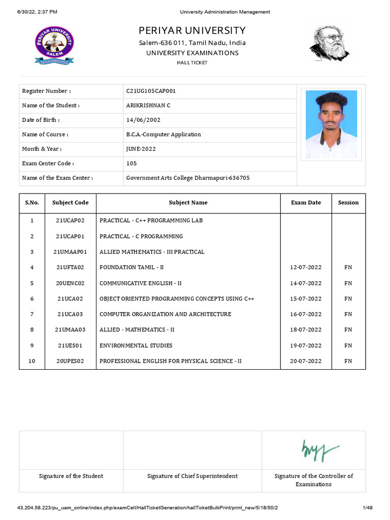 I Bca June2022 Hall Ticket | PDF | Mathematics | Computer Programming