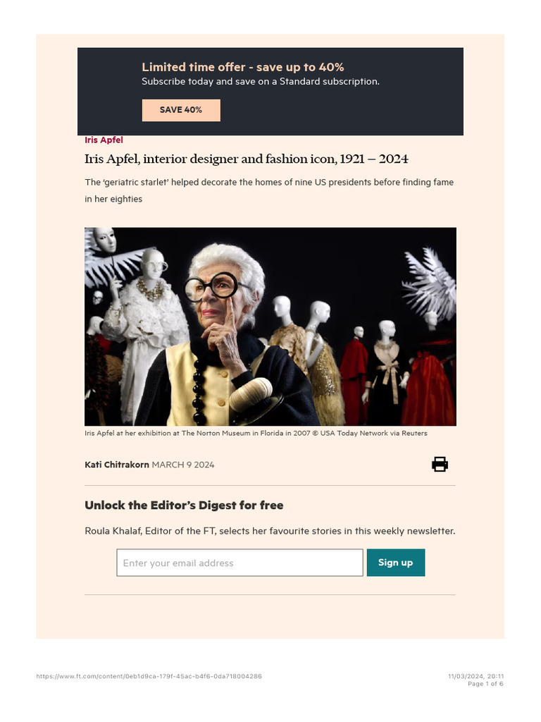 Iris Apfel, Interior Designer and Fashion Icon, 1921 - 2024 | PDF