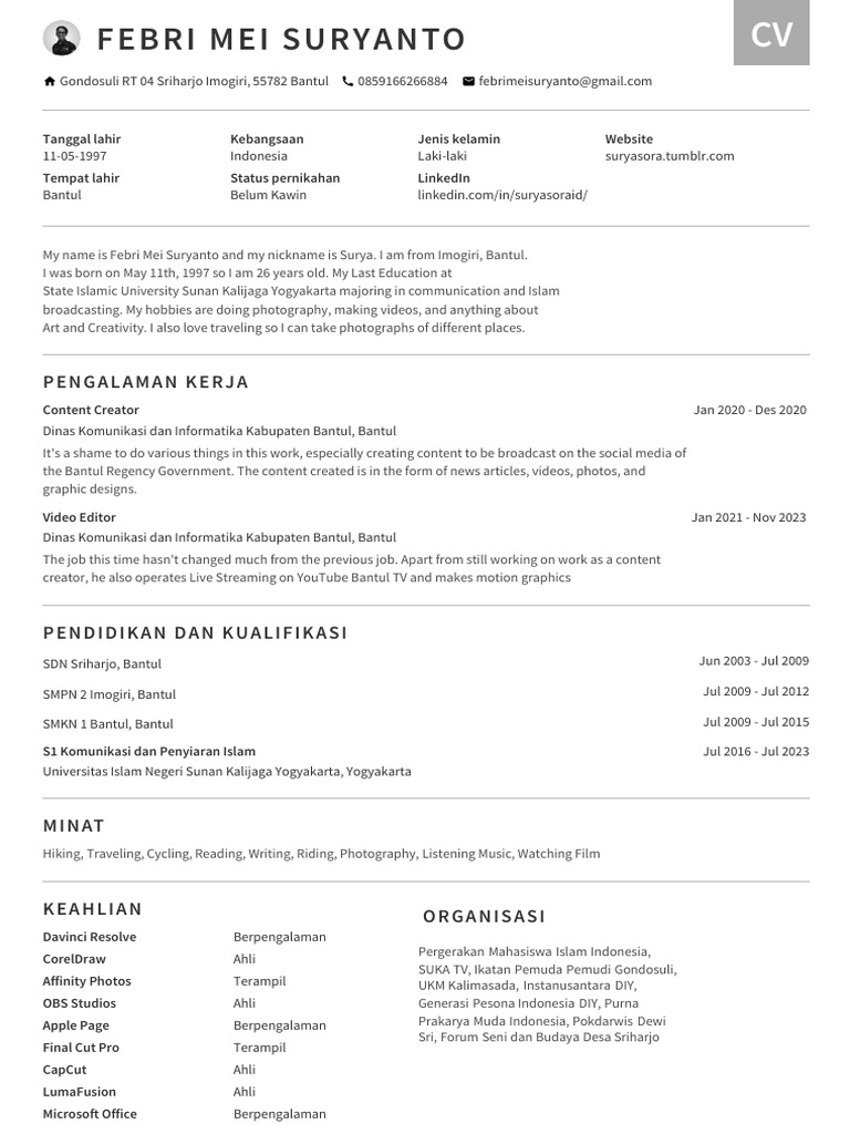 Contoh Penulisan CV Yang Baik | PDF | Mass Media