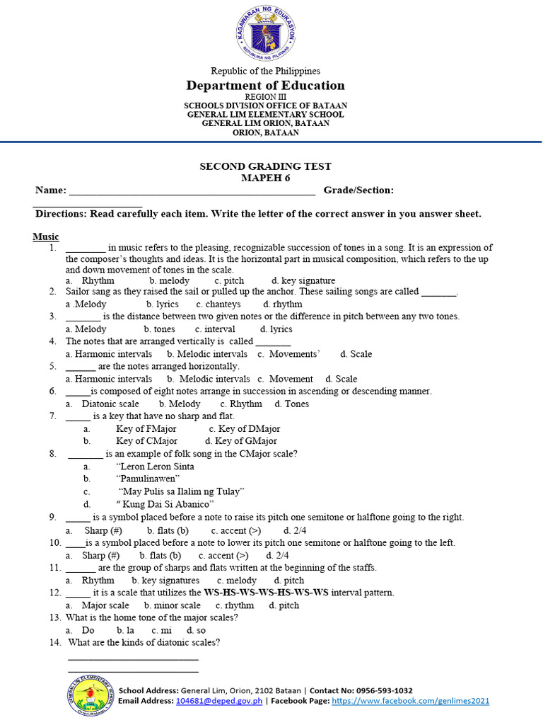 MAPEH 2nd Grading Test | PDF | Scale (Music) | Paintings