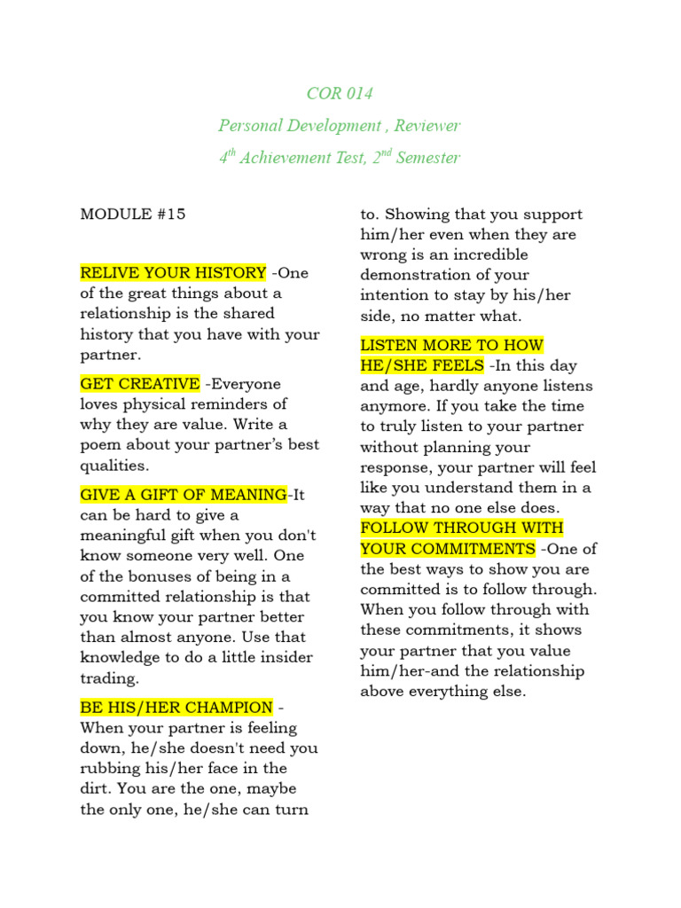 Cor 014 Reviewer | PDF | Self-Improvement