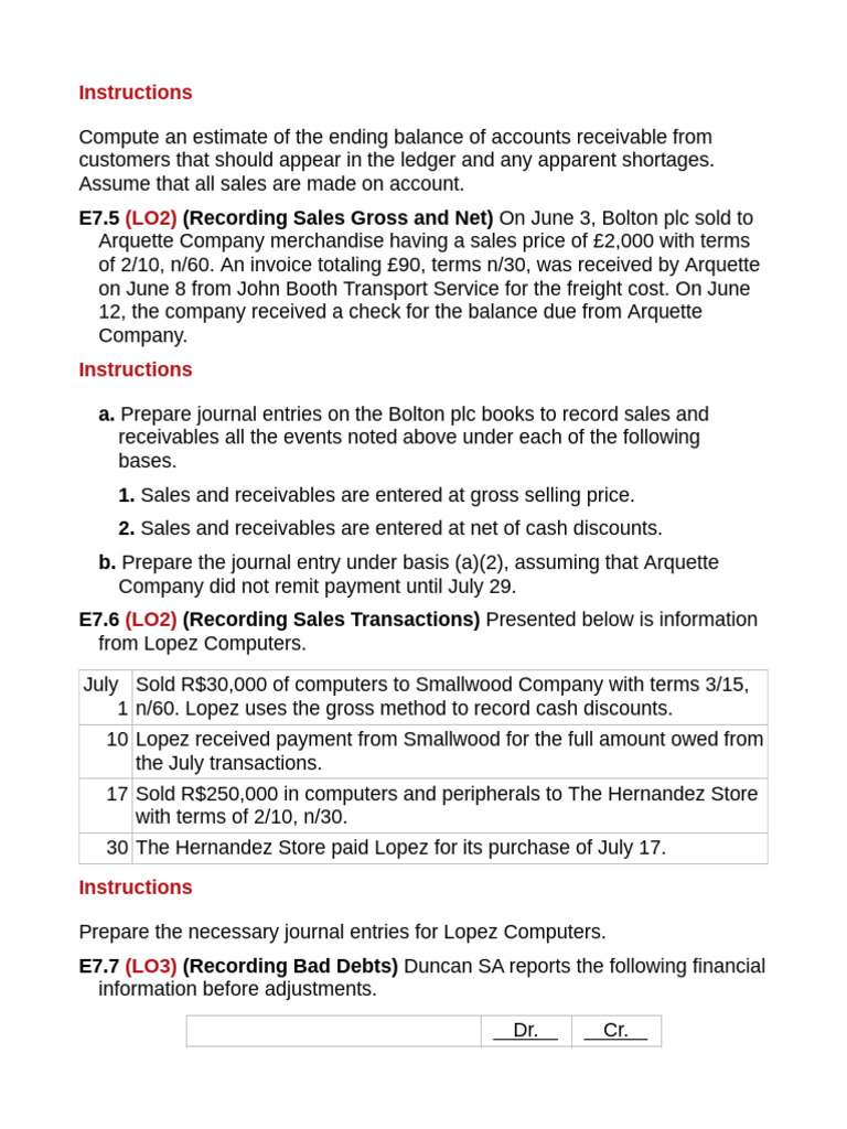 Exercise Chap 7 | PDF | Bad Debt | Debits And Credits