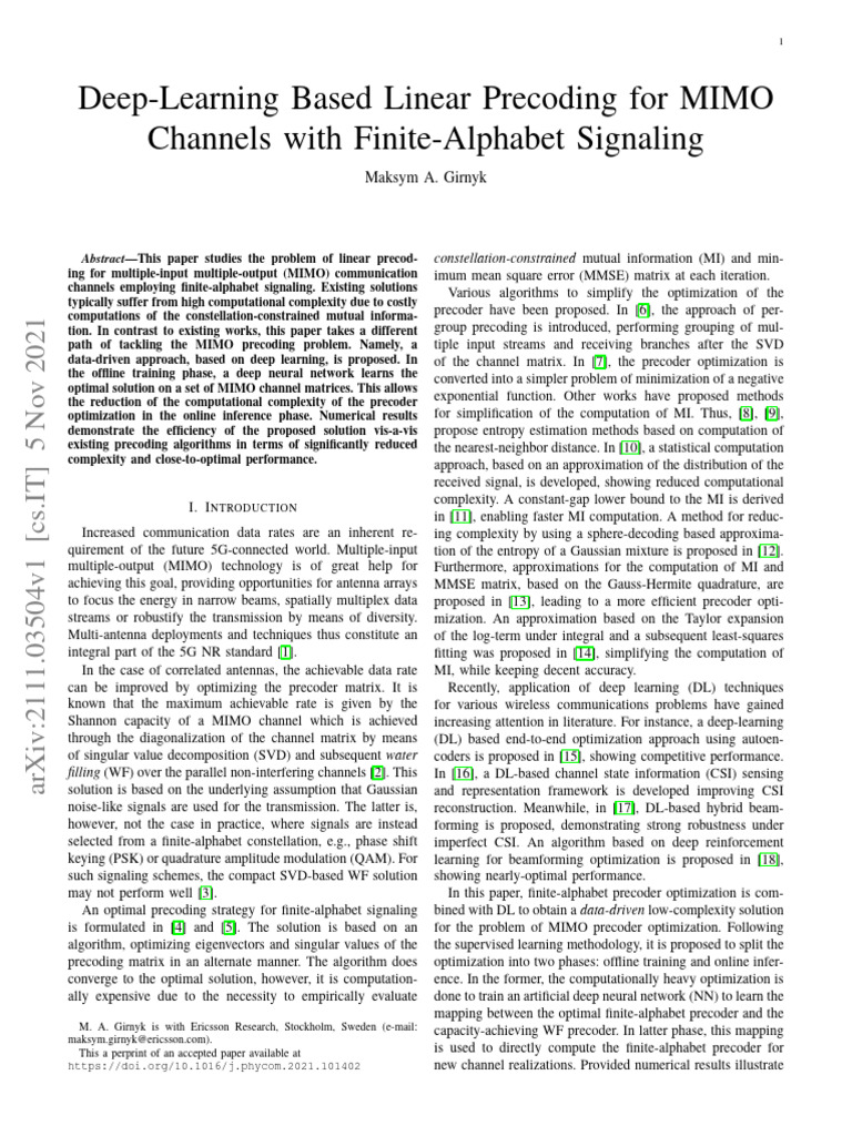 Deep-Learning Based Linear Precoding For MIMO Channels With Finite-Alphabet Signaling | PDF ...