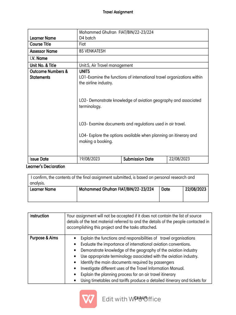 Mohammed Ghufran Travel Assignment | PDF | Business