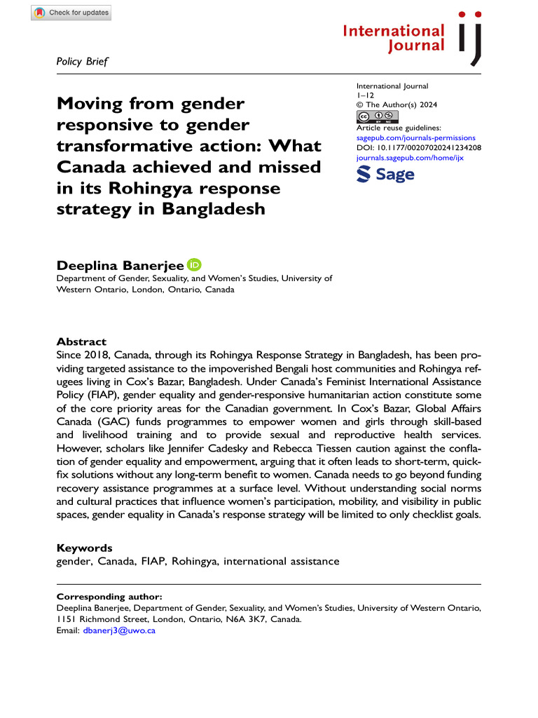 Banerjee 2024 Moving From Gender Responsive To Gender Transformative Action What Canada Achieved ...