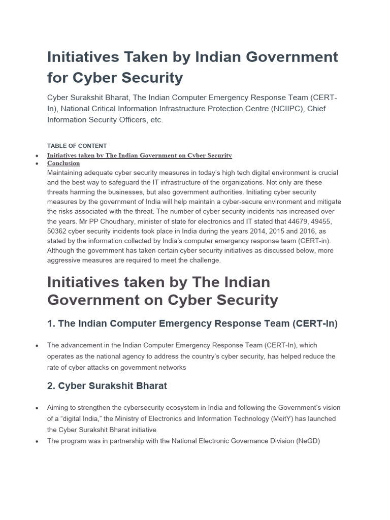 Initiatives Taken by Indian Government For Cyber Security (2) QUESTION ...