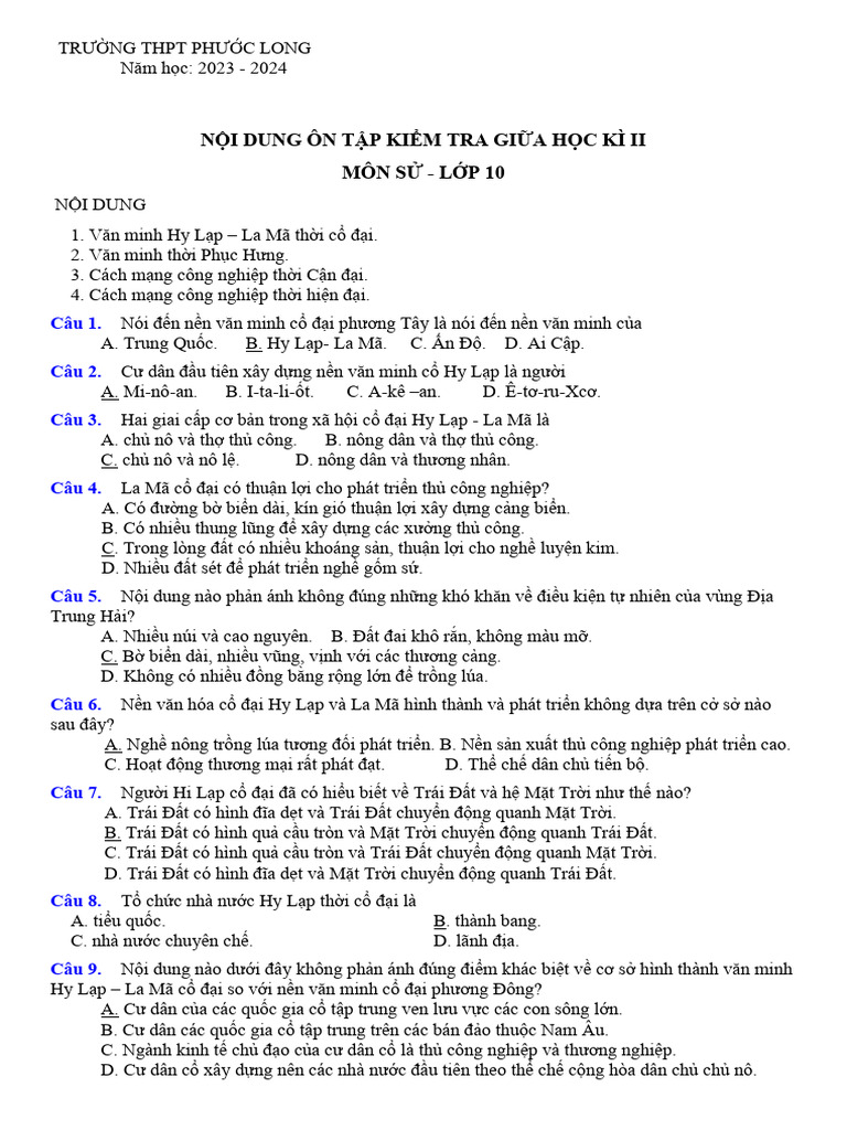 ĐÁP ÁN ĐỀ CƯƠNG LS 10 GIỮA HK2 | PDF