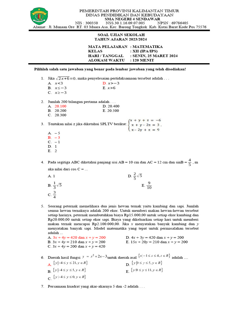 Latihan Soal Ujian Sekolah Kelas Xii Mat (W) Tahun 2024 Fix | PDF