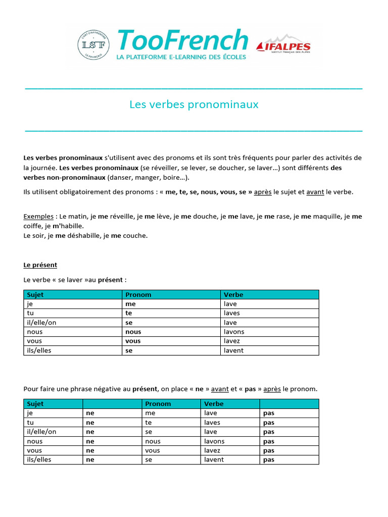 Les verbes pronominaux au présent | PDF | Sujet (Grammaire) | Verbe