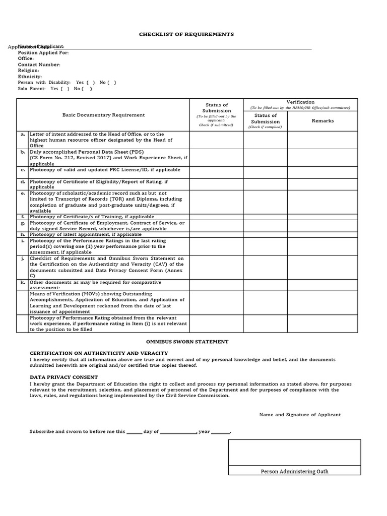 Annex C - Checklist of Requirements and Omnibus Sworn Statement 1 | PDF | Verification And ...