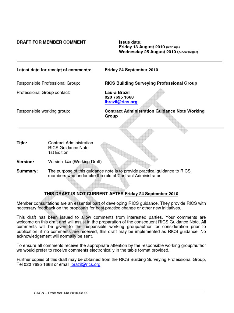 RICS Contract Administration Draft Guidance Note | PDF | Employment | Specification (Technical ...