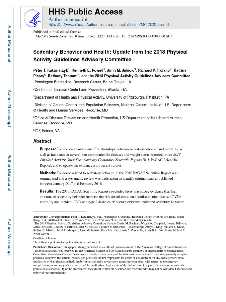 Sedentary Behavior and Health Update From The 2018 PhysicalActivity Guidelines Advisory | PDF ...