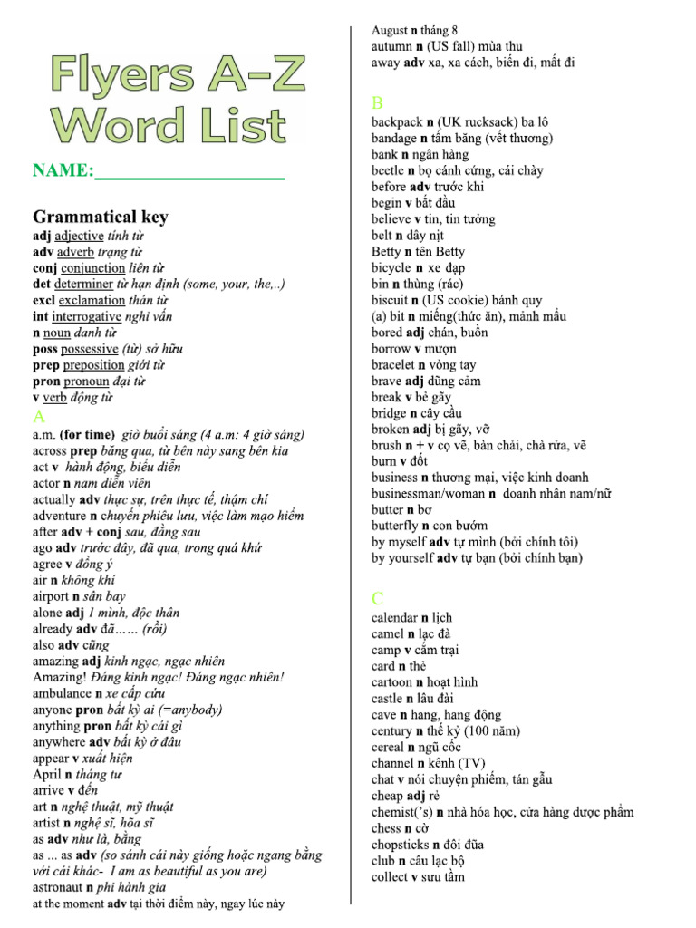 Flyers Words List A-Z | PDF