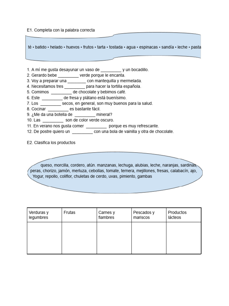 Ejercicios de Vocabulario y Comida | PDF | Cocina occidental | Cocina