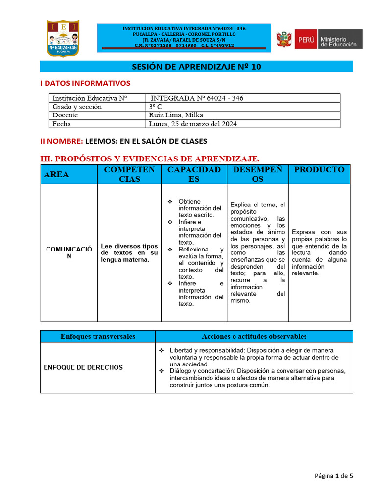 Sesión de Aprendizaje Nuevo Esquema #10 | PDF | Maestros | Aprendizaje
