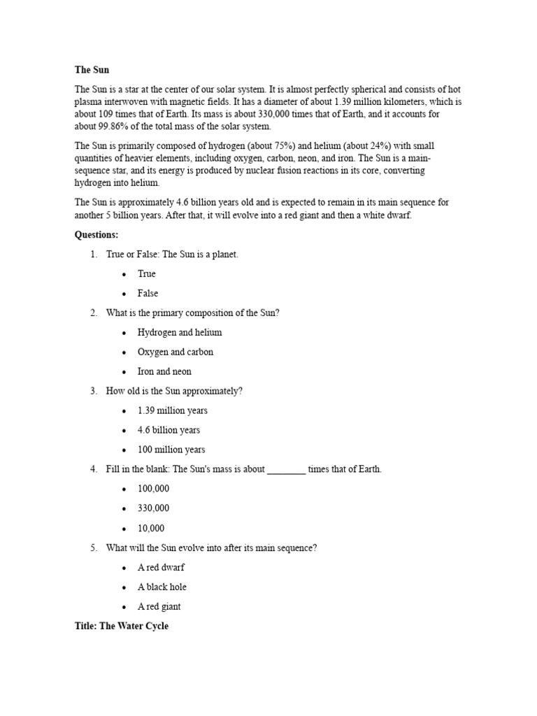 A1 Reading Comprehension | PDF | Sun | Precipitation