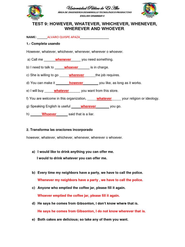 TEST 9 However, Whatever, Whichever, Whenever, Wherever o Whoever ...