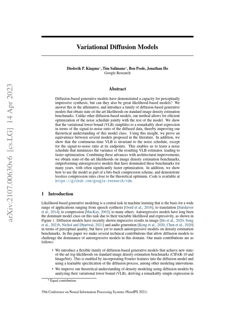 Kingma 等 - 2023 - Variational Diffusion Models | PDF | Applied Mathematics | Statistical Theory