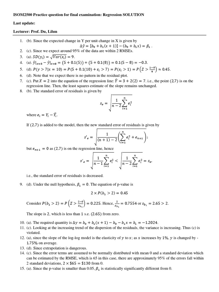 ISOM2500 Regression Practice Solutions | PDF | Errors And Residuals | Regression Analysis