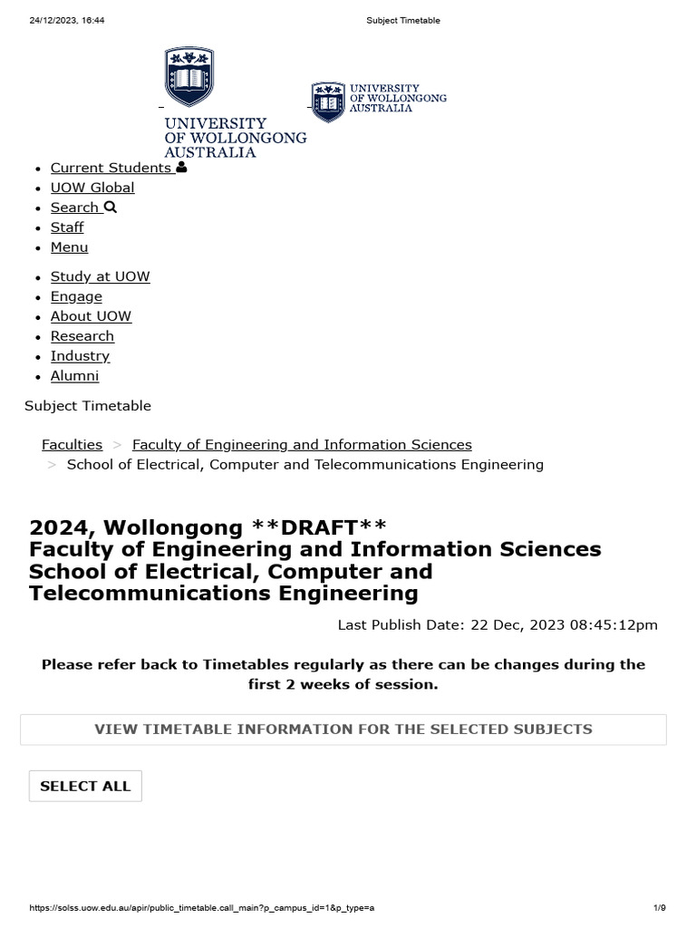 UOW Engineering Subject Timetable 2024 | PDF | Science & Mathematics ...