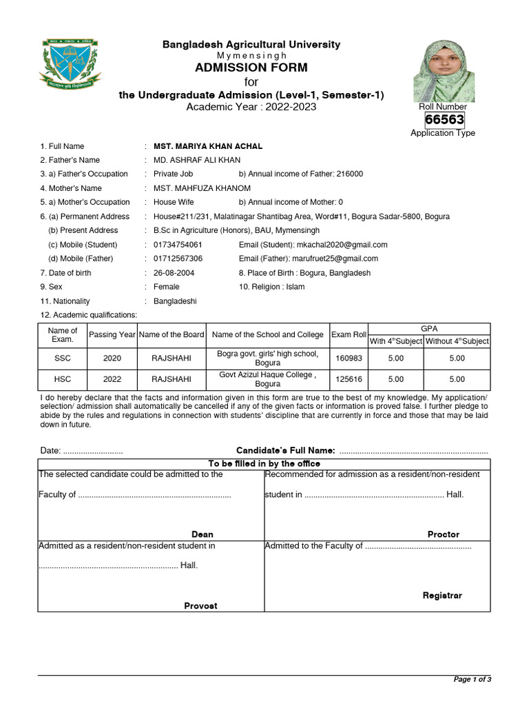 BAU Admission Form 66563 2 | PDF