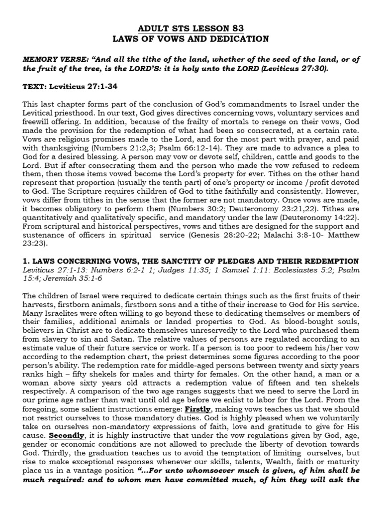 Adult STS Lesson 83 - Laws of Vows and Dedication | PDF | Tithe | Book ...