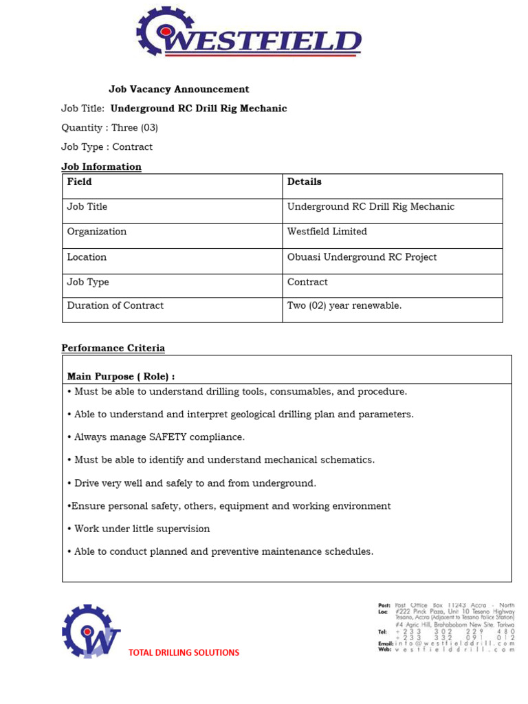 WestField Job Add For Underground RC Rig Mechanics and Electrician ...