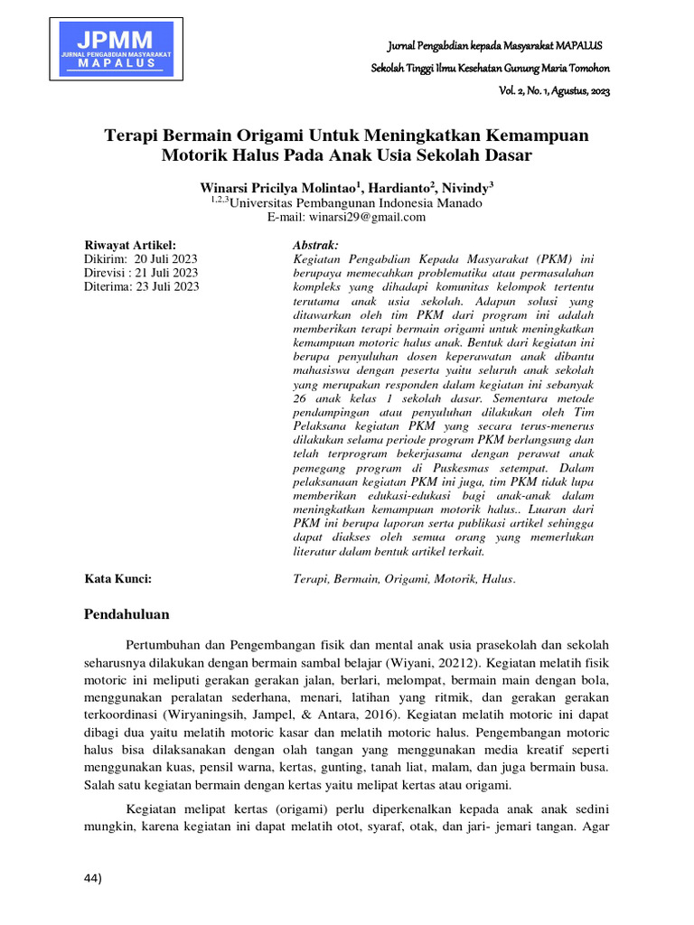 (44-49) Terapi Bermain Origami Untuk Meningkatkan Kemampuan Motorik Halus Pada Anak Usia Sekolah ...