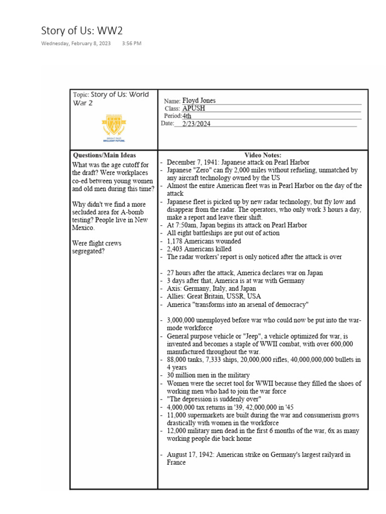 ww2 Notes APUSH | PDF | World War II | Attack On Pearl Harbor