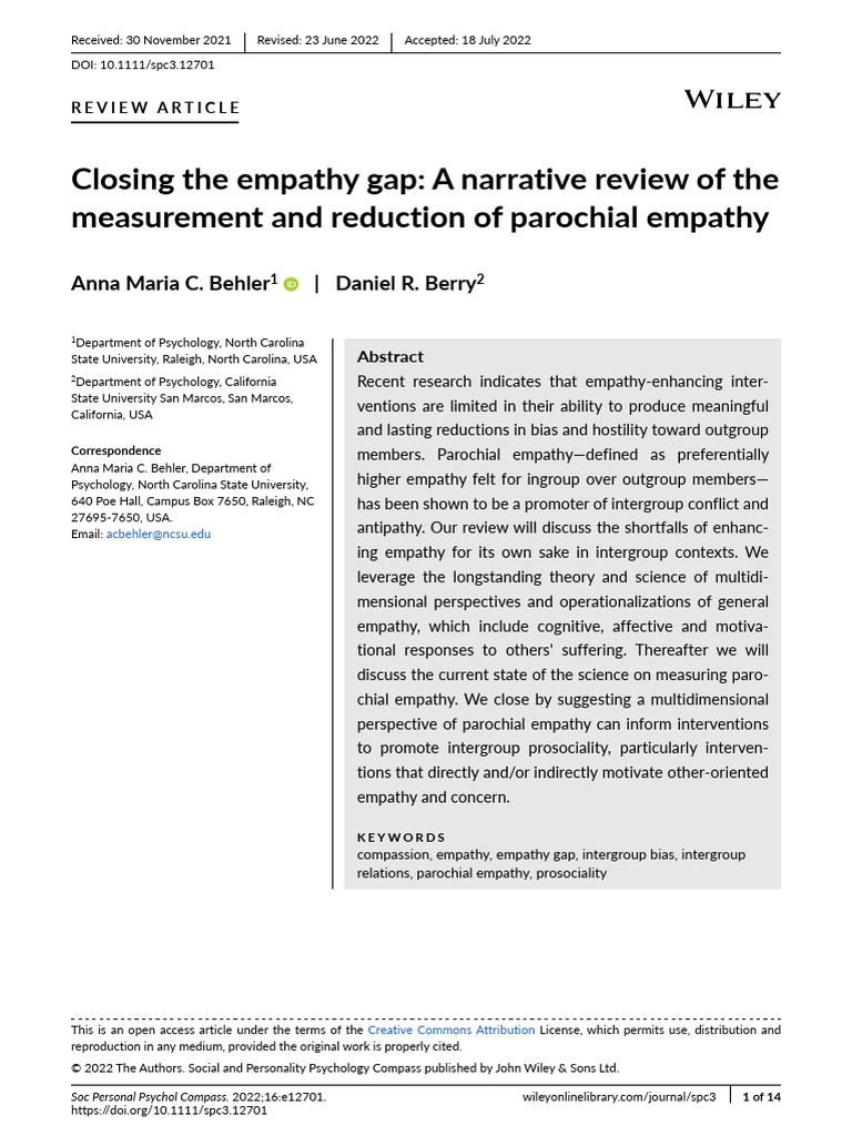 Social Personality Psych - 2022 - Behler - Closing The Empathy Gap A ... Social Personality Psych - 2022 - Behler - Closing The Empathy Gap A ...