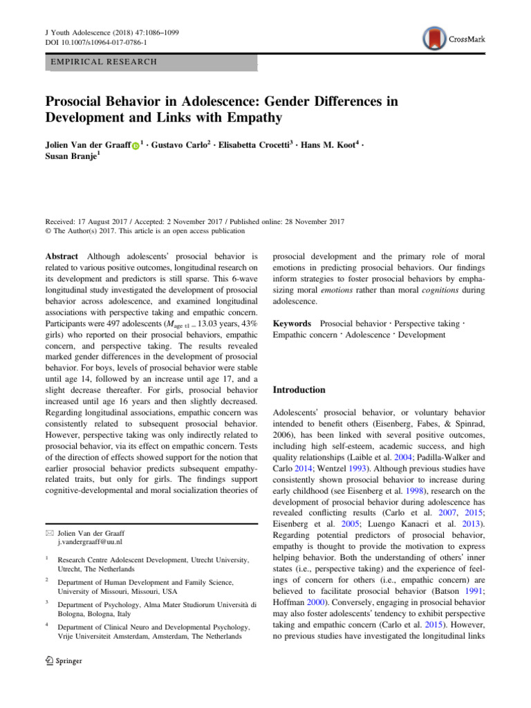 Prosocial Behavior in Adolescence: Gender Differences in Development ...