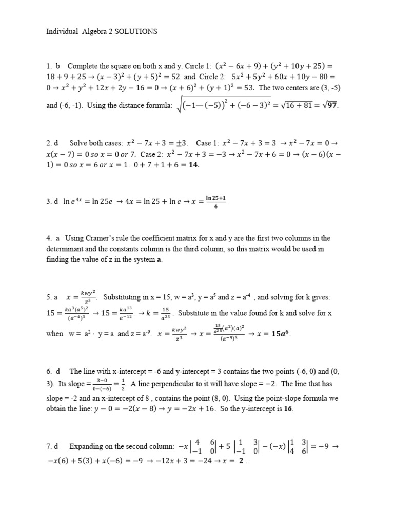 9856 S - 2020 Jan Algebra 2 Indi Test SOLUTIONS | PDF | Mathematics ...