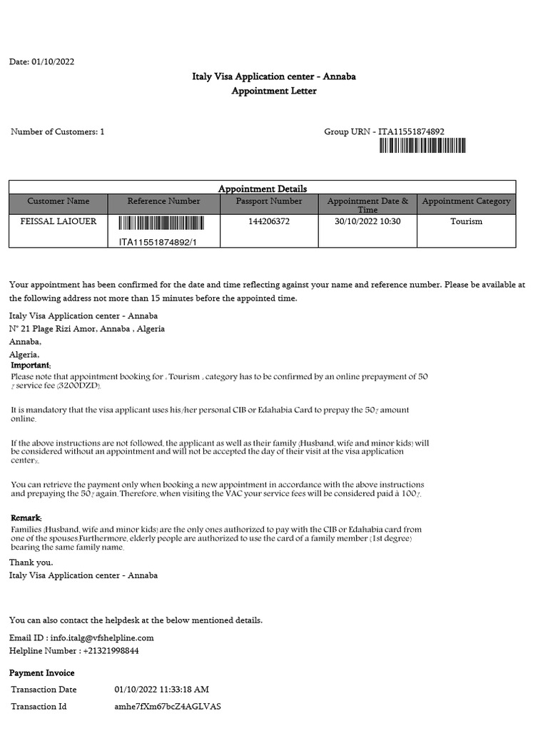 Italy Visa Appointment Confirmation - Annaba | PDF | Visa Inc. | Fee