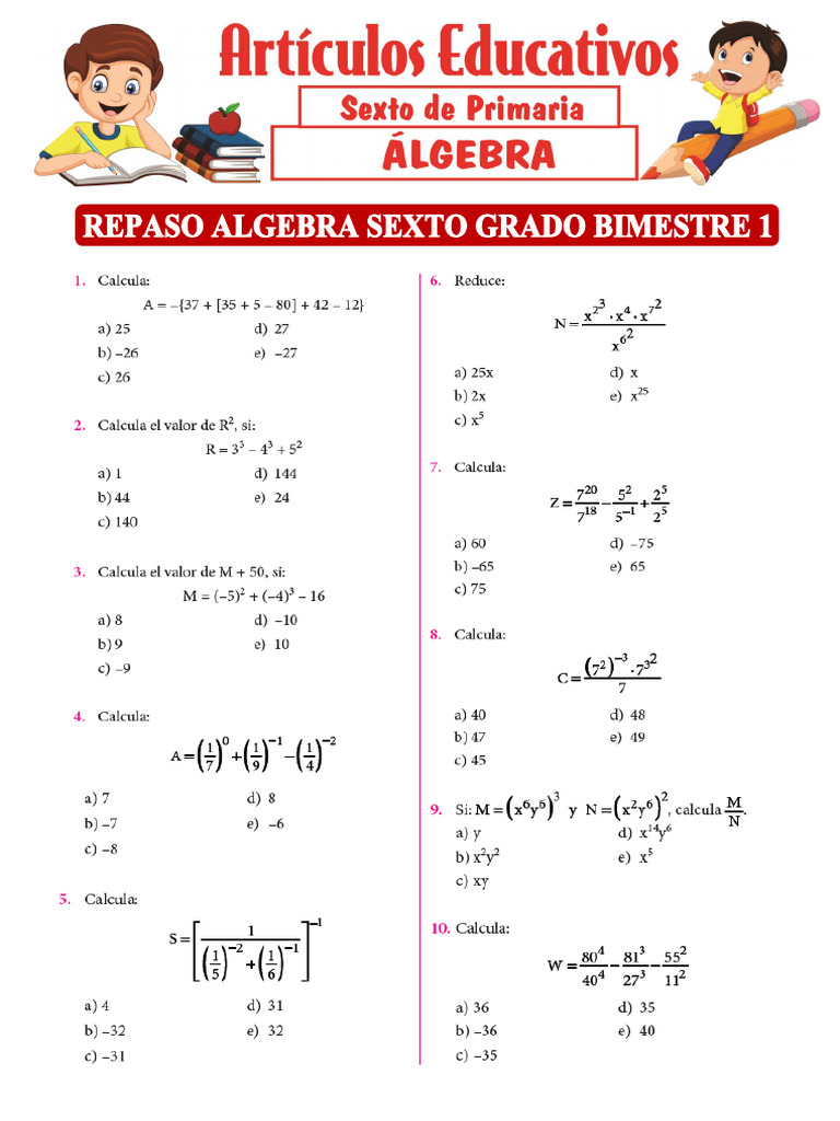 Repaso Algebra Sexto Grado Bimestre 1 para Sexto de Primaria | PDF