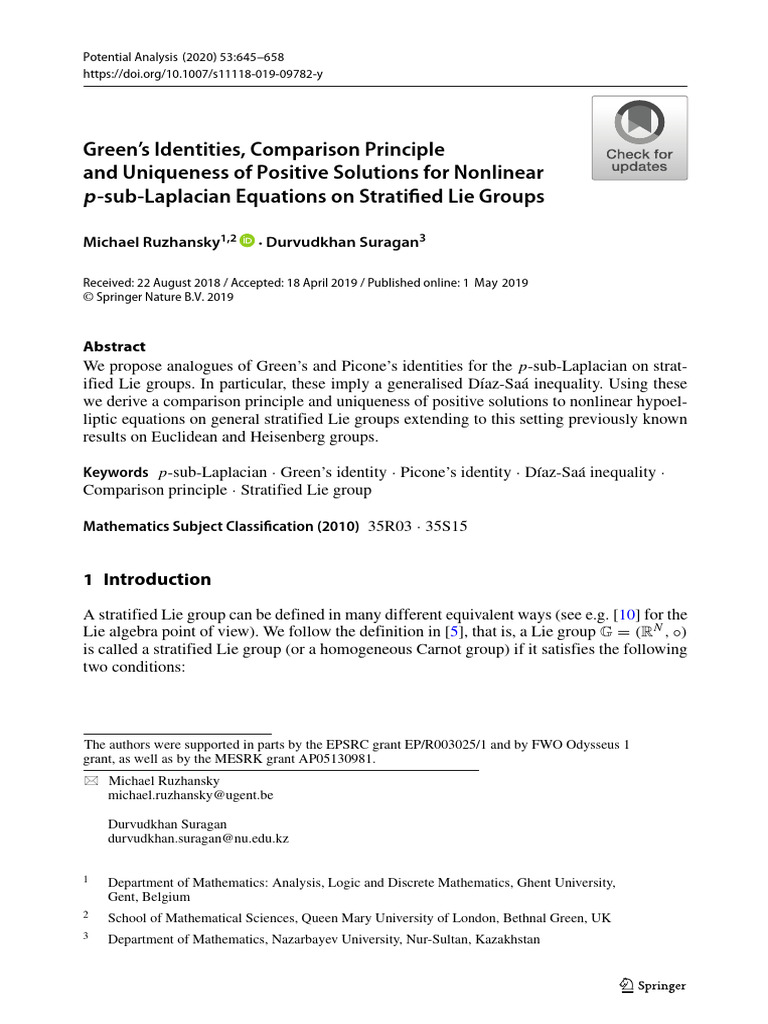 Green's Identities, Comparison Principle and Uniqueness of Positive Solutions For Nonlinear P ...