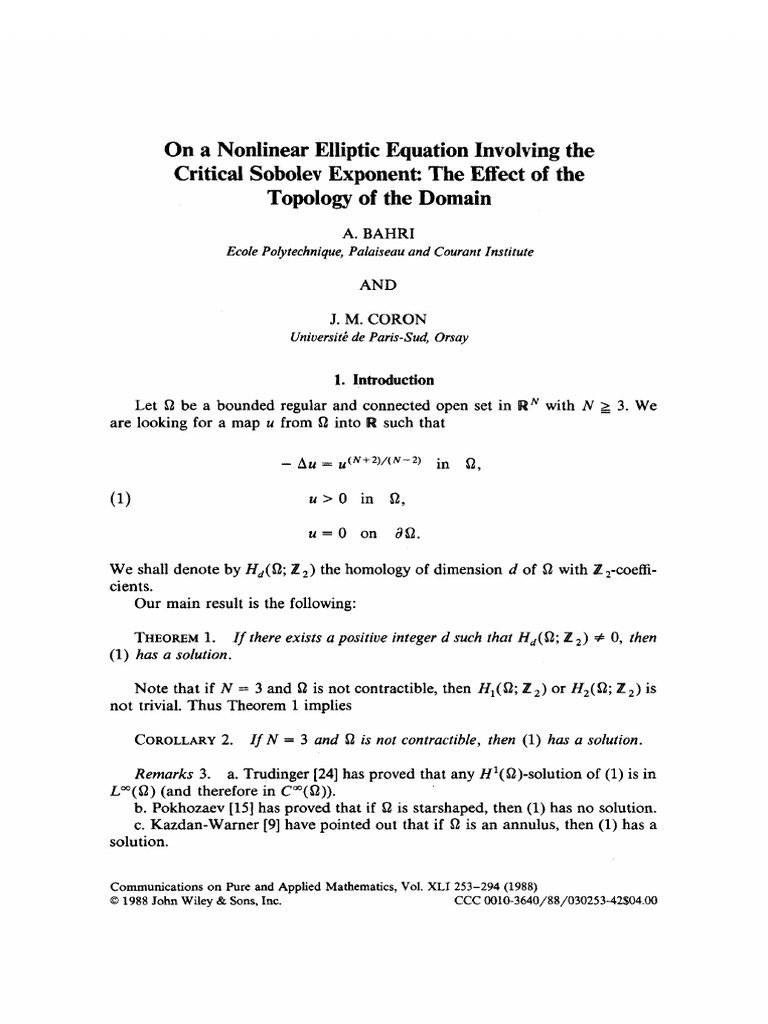 Bahri Coron On A Nonlinear Elliptic Equation Involving The Critical Sobolev Exponent The