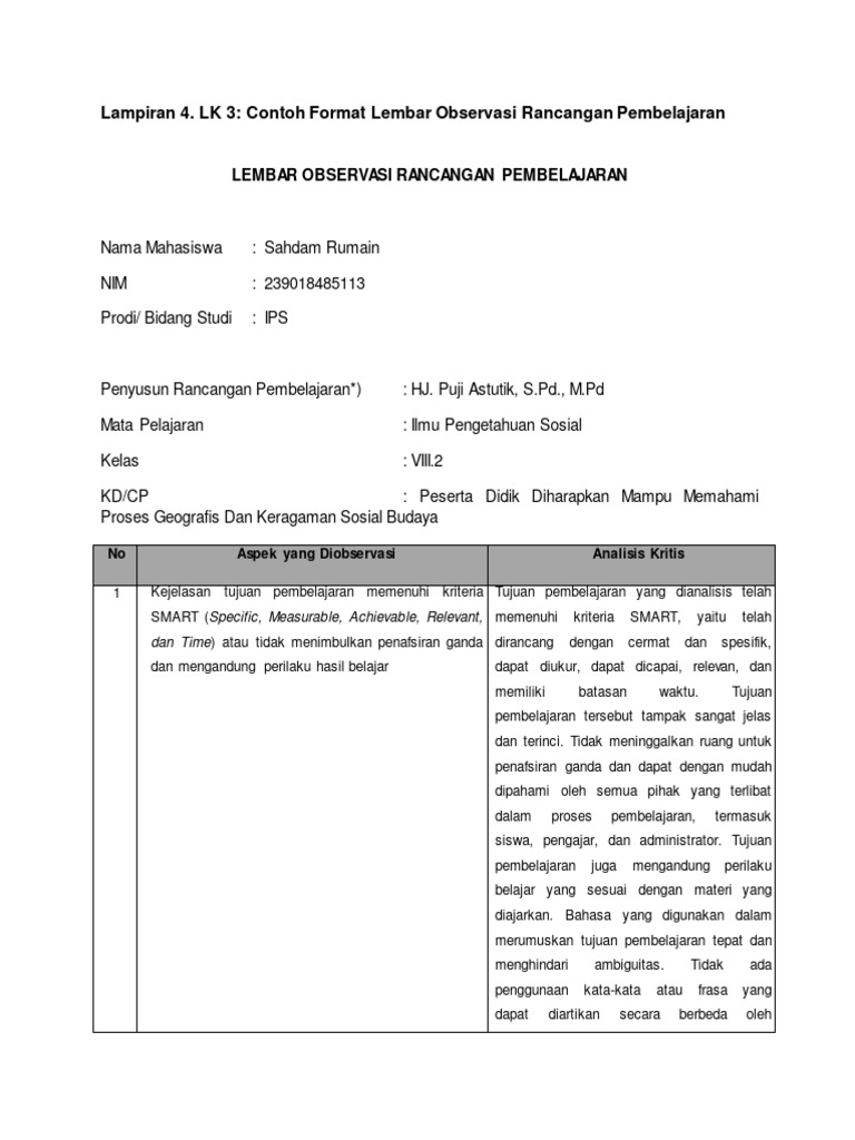 Lampiran 4. LK 3 Contoh Format Lembar Observasi Rancangan Pembelajaran ...