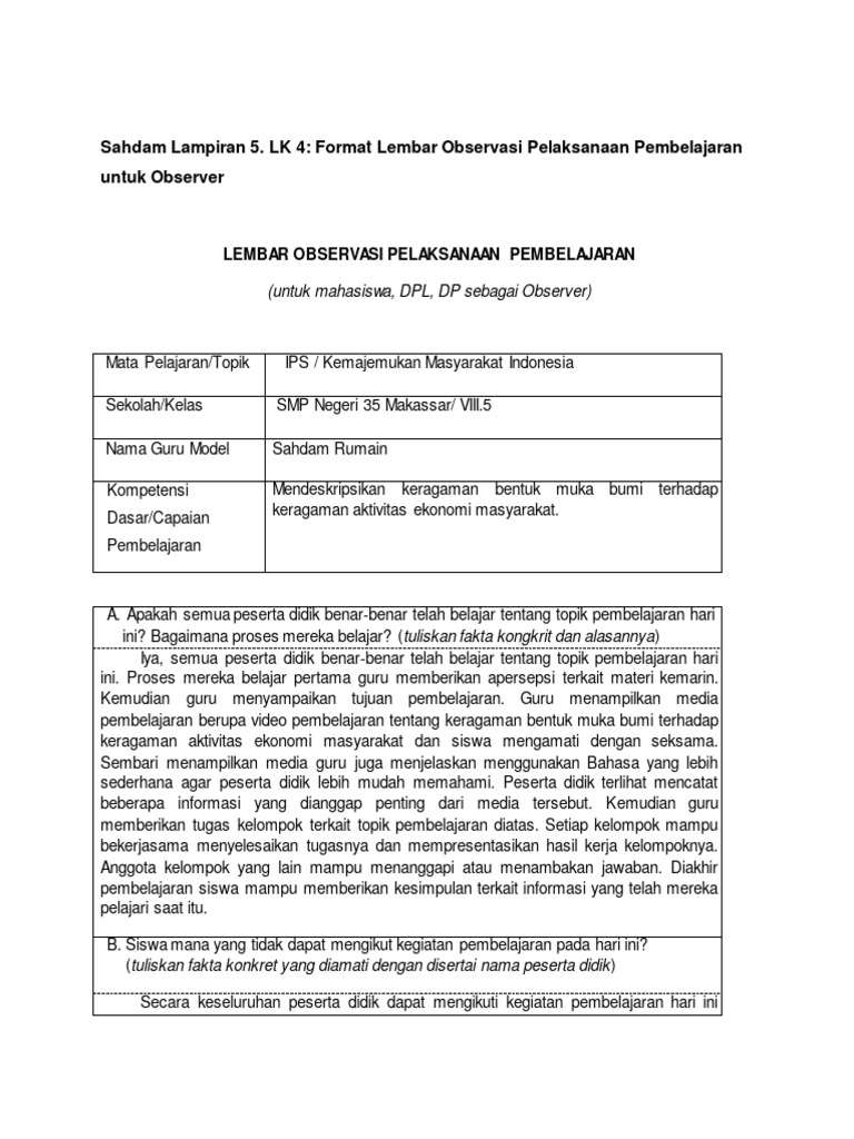 Lampiran 5. LK 4 Format Lembar Observasi Pelaksanaan Pembelajaran Untuk ...