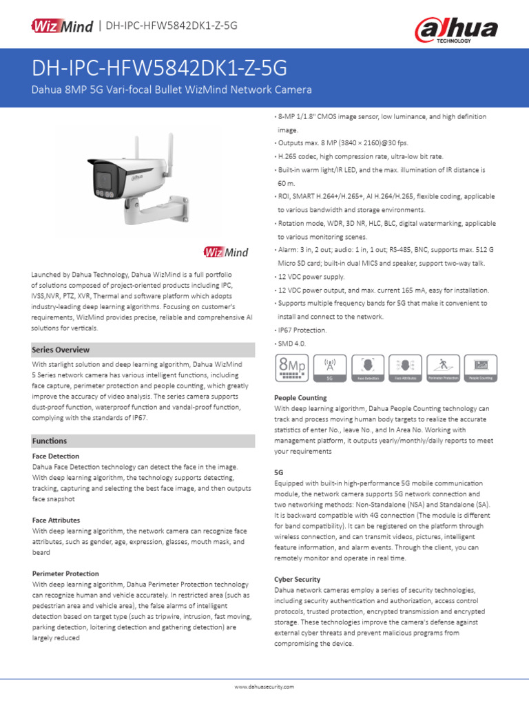 IPC HFW5842DK1 Z 5G - Datasheet - 20220927 | PDF | Computer Security | Security