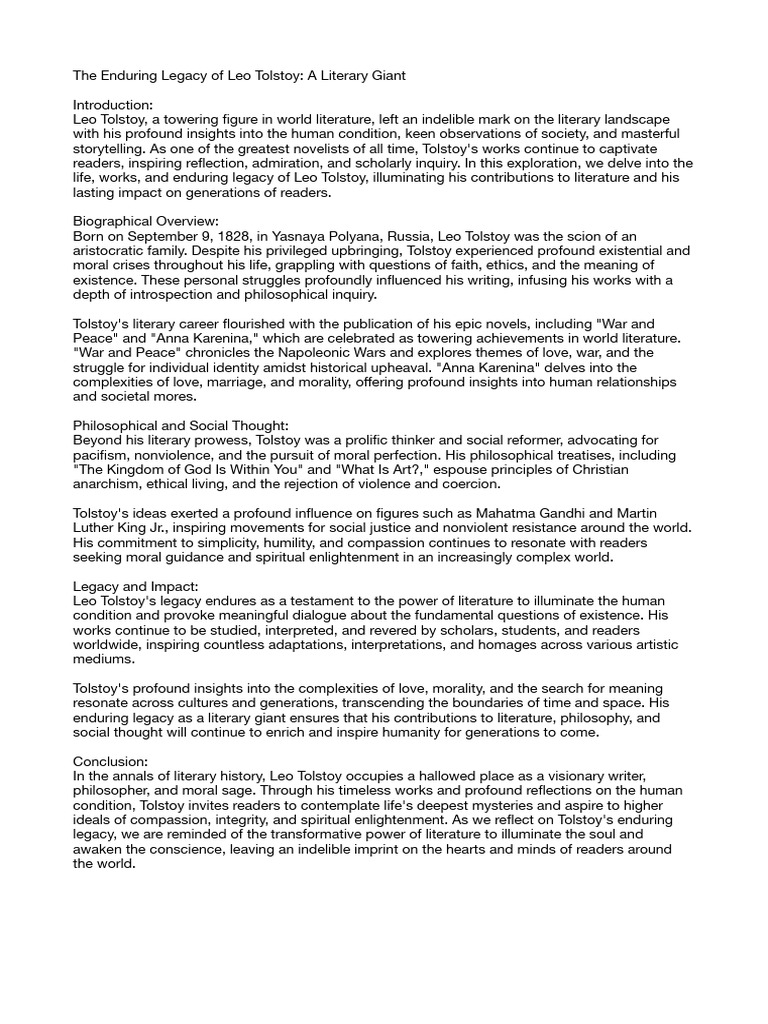 The Enduring Legacy of Leo Tolstoy - A Literary Giant | PDF | Leo ...