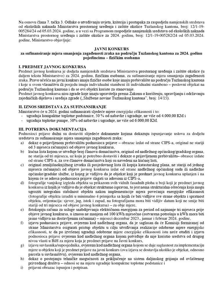 Javni Konkurs Za Sufinansiranje Mjera Smanjenja Zagađenosti Zraka Na Području Tuzlanskog Kantona ...