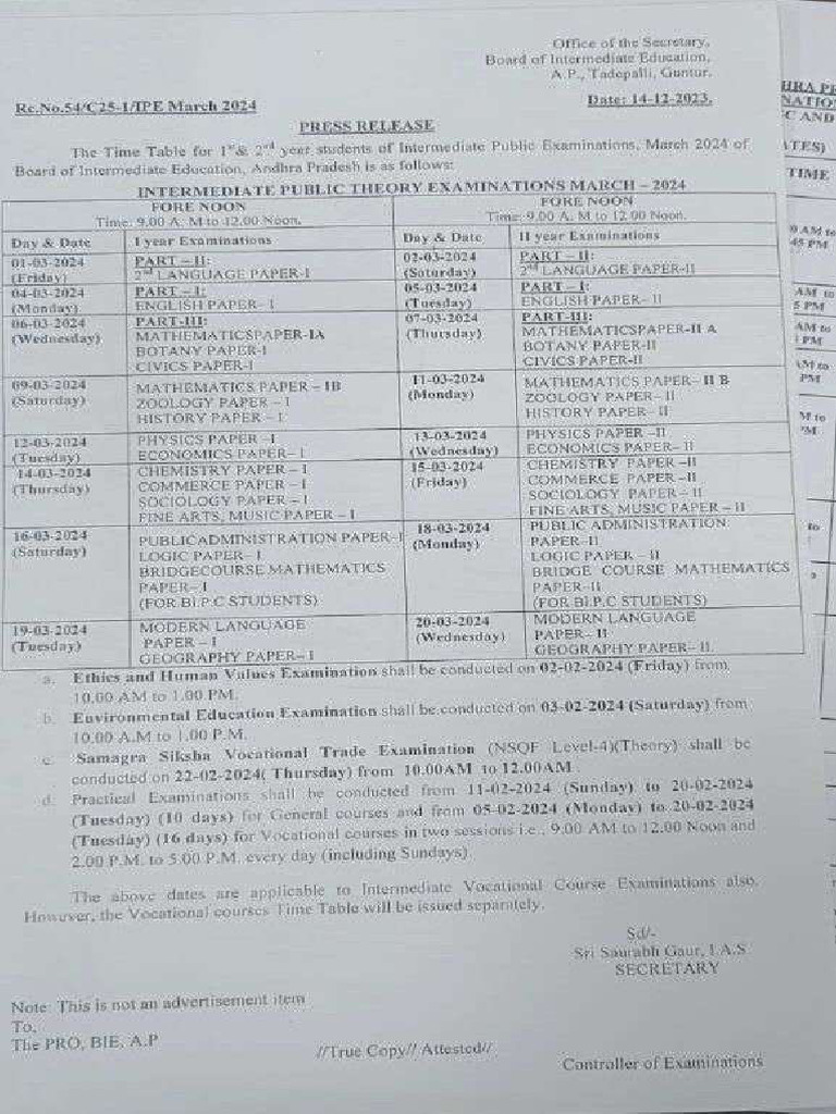 AP Inter Time Table 2024 | PDF